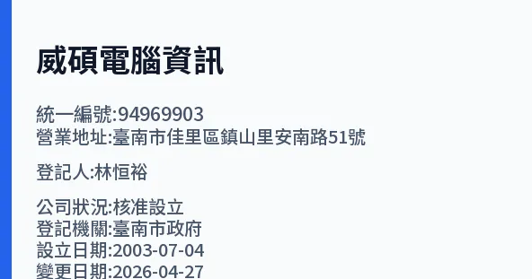 威碩電腦資訊的照片-統編 94969903(臺南市) 公司登記資料與營業項目詳細圖表