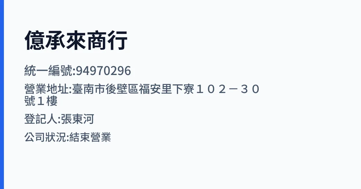 億承來商行 - 統編 94970296(臺南市) 公司登記資料與營業項目詳細圖表