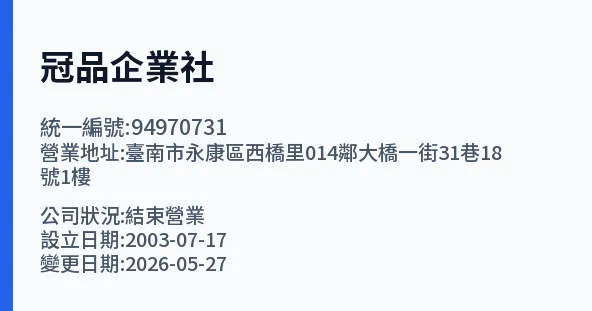 冠品企業社的照片-統編 94970731(臺南市) 公司登記資料與營業項目詳細圖表