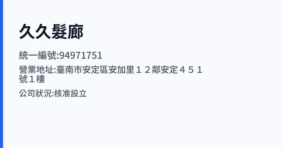 久久髮廊 - 統編 94971751(臺南市) 公司登記資料與營業項目詳細圖表