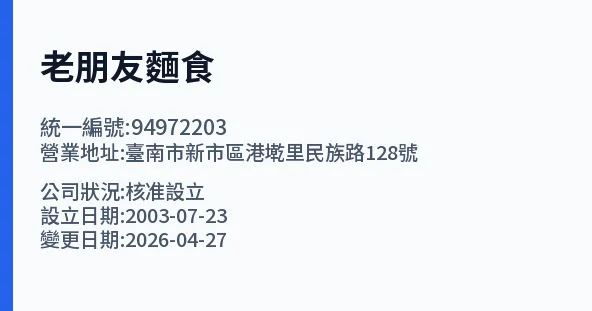 老朋友麵食的照片-統編 94972203(臺南市) 公司登記資料與營業項目詳細圖表