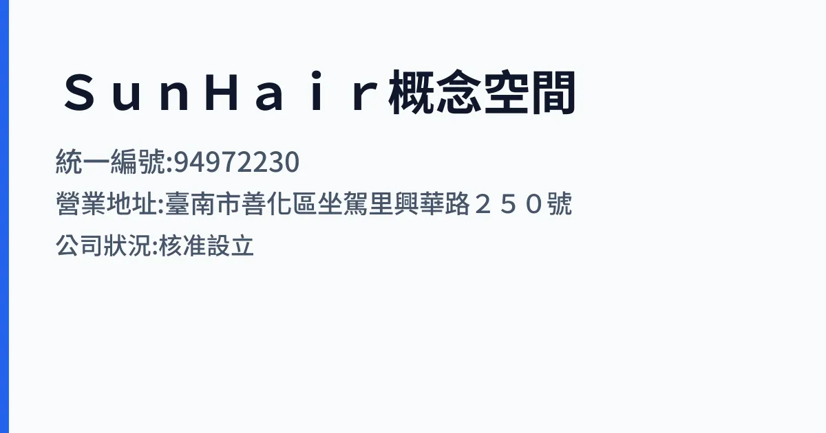 ＳｕｎＨａｉｒ概念空間 - 統編 94972230(臺南市) 公司登記資料與營業項目詳細圖表