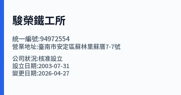 駿榮鐵工所的照片-統編 94972554(臺南市) 公司登記資料與營業項目詳細圖表