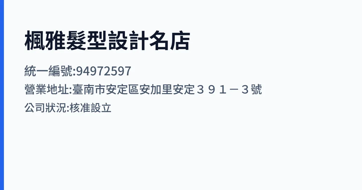 楓雅髮型設計名店 - 統編 94972597(臺南市) 公司登記資料與營業項目詳細圖表