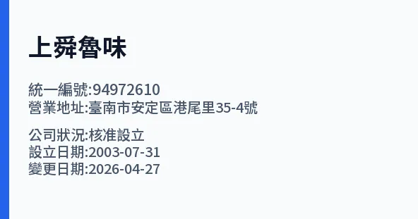 上舜魯味的照片-統編 94972610(臺南市) 公司登記資料與營業項目詳細圖表