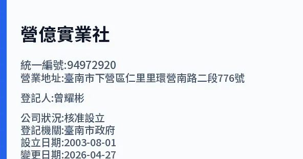 營億實業社的照片-統編 94972920(臺南市) 公司登記資料與營業項目詳細圖表