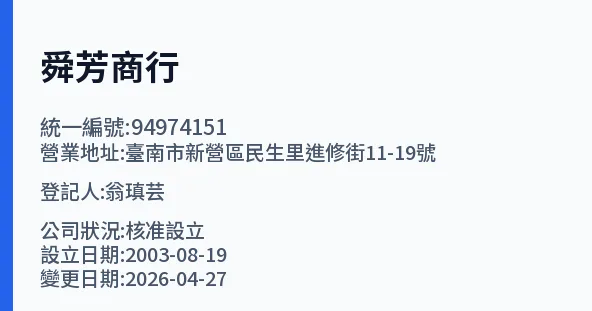 舜芳商行的照片-統編 94974151(臺南市) 公司登記資料與營業項目詳細圖表