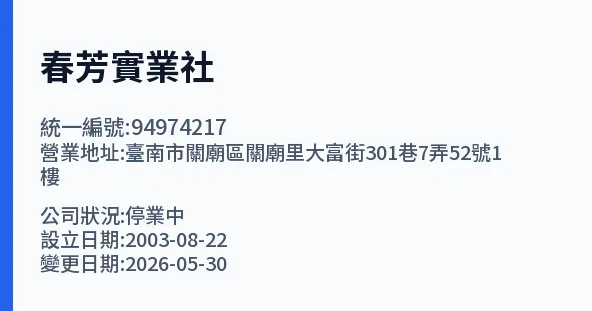 春芳實業社的照片-統編 94974217(臺南市) 公司登記資料與營業項目詳細圖表