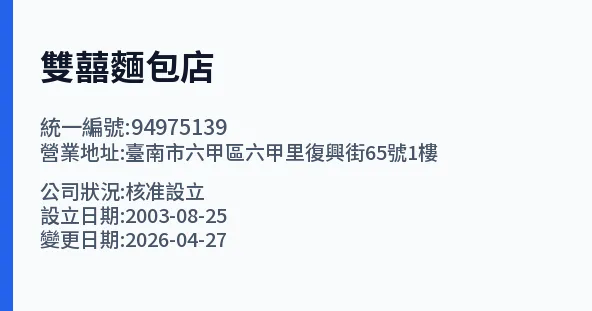 雙囍麵包店的照片-統編 94975139(臺南市) 公司登記資料與營業項目詳細圖表