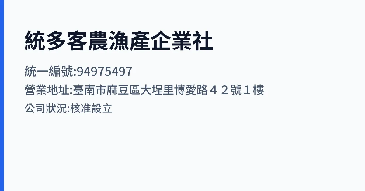 統多客農漁產企業社 - 統編 94975497(臺南市) 公司登記資料與營業項目詳細圖表