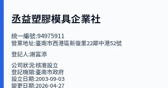 丞益塑膠模具企業社的照片-統編 94975911(臺南市) 公司登記資料與營業項目詳細圖表