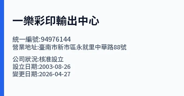 一樂彩印輸出中心的照片-統編 94976144(臺南市) 公司登記資料與營業項目詳細圖表