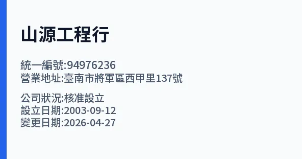 山源工程行的照片-統編 94976236(臺南市) 公司登記資料與營業項目詳細圖表