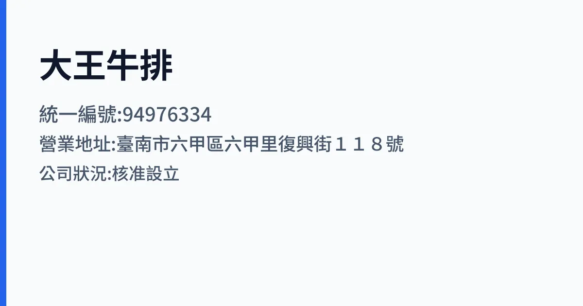 大王牛排 - 統編 94976334(臺南市) 公司登記資料與營業項目詳細圖表