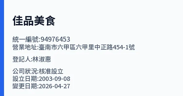 佳品美食的照片-統編 94976453(臺南市) 公司登記資料與營業項目詳細圖表