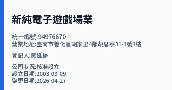 新純電子遊戲場業的照片-統編 94976670(臺南市) 公司登記資料與營業項目詳細圖表