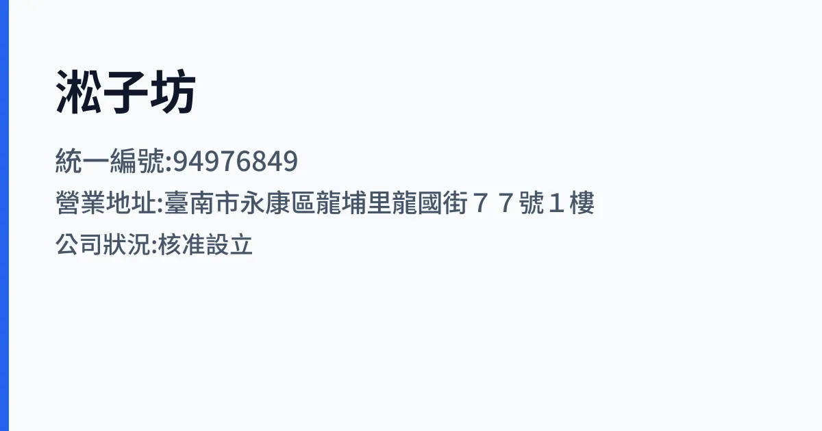 淞子坊 - 統編 94976849(臺南市) 公司登記資料與營業項目詳細圖表