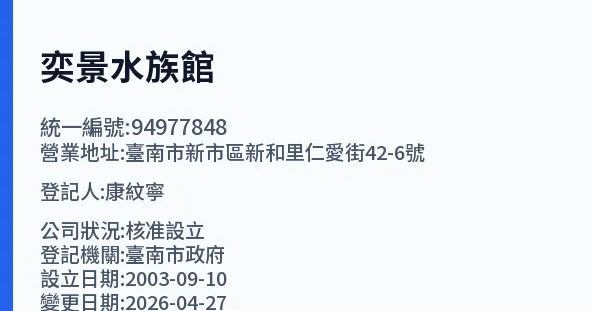 奕景水族館的照片-統編 94977848(臺南市) 公司登記資料與營業項目詳細圖表