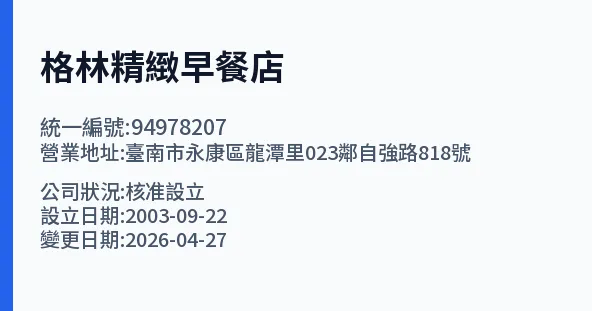 格林精緻早餐店的照片-統編 94978207(臺南市) 公司登記資料與營業項目詳細圖表