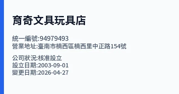 育奇文具玩具店的照片-統編 94979493(臺南市) 公司登記資料與營業項目詳細圖表