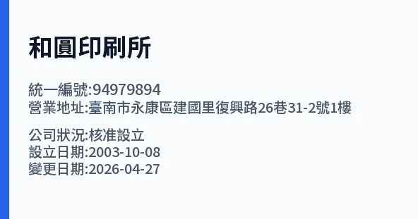 和圓印刷所的照片-統編 94979894(臺南市) 公司登記資料與營業項目詳細圖表