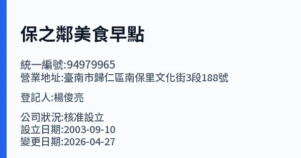 保之鄰美食早點的照片-統編 94979965(臺南市) 公司登記資料與營業項目詳細圖表
