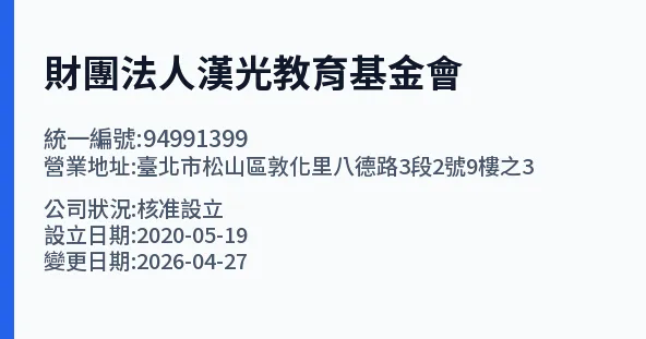 財團法人漢光教育基金會的照片-統編 94991399(臺北市) 公司登記資料與營業項目詳細圖表