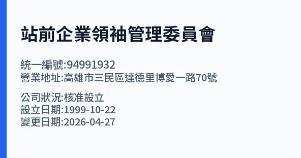 站前企業領袖管理委員會的照片-統編 94991932(高雄市) 公司登記資料與營業項目詳細圖表