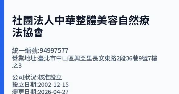 社團法人中華整體美容自然療法協會的照片-統編 94997577(臺北市) 公司登記資料與營業項目詳細圖表