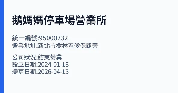 鵝媽媽停車場營業所的照片-統編 95000732(新北市) 公司登記資料與營業項目詳細圖表