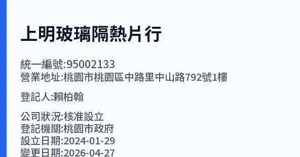 上明玻璃隔熱片行的照片-統編 95002133(桃園市) 公司登記資料與營業項目詳細圖表