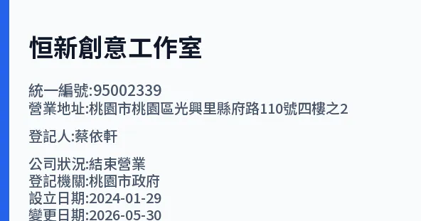 恒新創意工作室的照片-統編 95002339(桃園市) 公司登記資料與營業項目詳細圖表