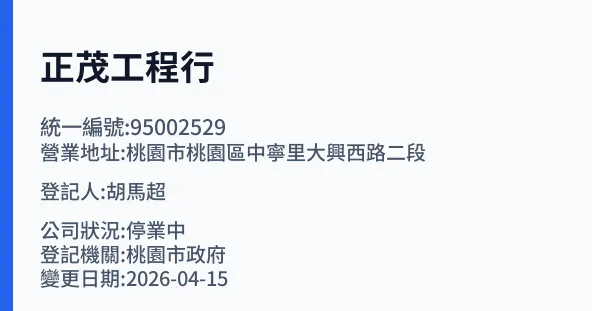 正茂工程行的照片-統編 95002529(桃園市) 公司登記資料與營業項目詳細圖表