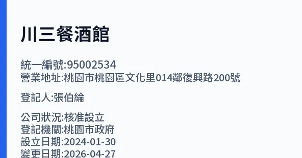 川三餐酒館的照片-統編 95002534(桃園市) 公司登記資料與營業項目詳細圖表