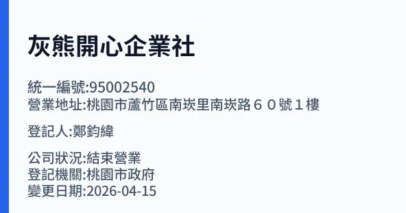 灰熊開心企業社的照片-統編 95002540(桃園市) 公司登記資料與營業項目詳細圖表