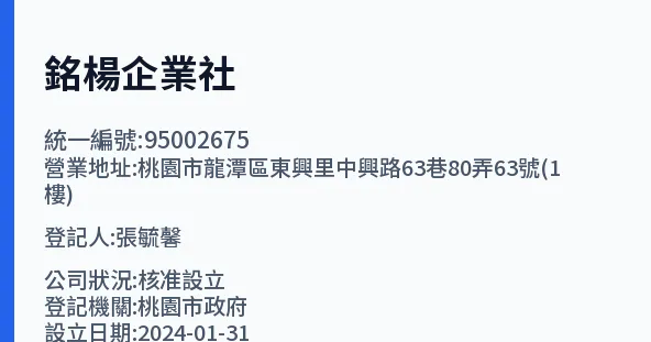 銘楊企業社的照片-統編 95002675(桃園市) 公司登記資料與營業項目詳細圖表
