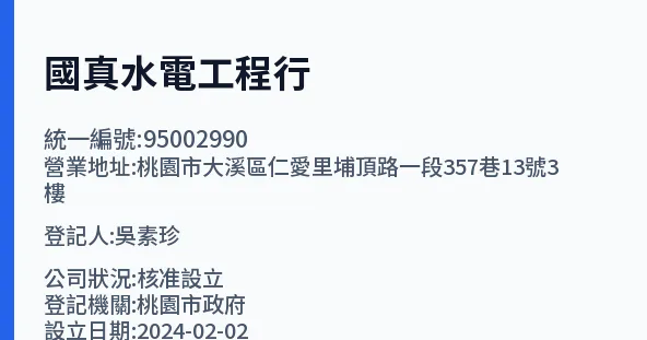 國真水電工程行的照片-統編 95002990(桃園市) 公司登記資料與營業項目詳細圖表