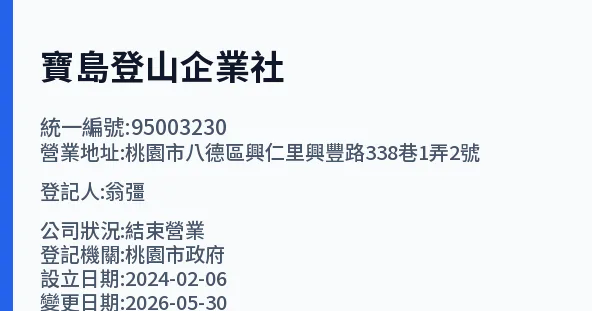 寶島登山企業社的照片-統編 95003230(桃園市) 公司登記資料與營業項目詳細圖表