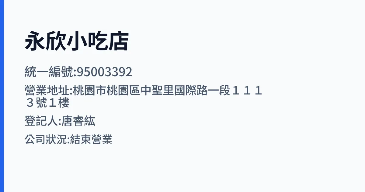 永欣小吃店 - 統編 95003392(桃園市) 公司登記資料與營業項目詳細圖表