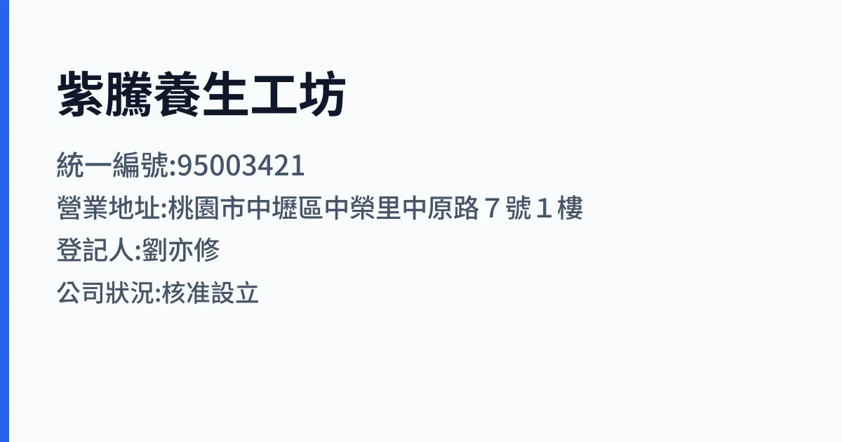 紫騰養生工坊 - 統編 95003421(桃園市) 公司登記資料與營業項目詳細圖表