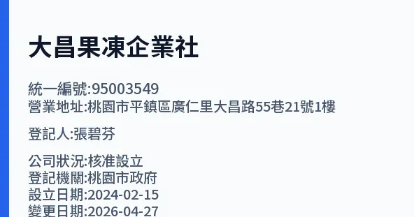 大昌果凍企業社的照片-統編 95003549(桃園市) 公司登記資料與營業項目詳細圖表