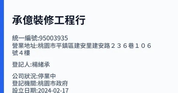 承億裝修工程行的照片-統編 95003935(桃園市) 公司登記資料與營業項目詳細圖表