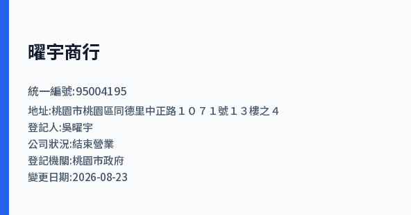 曜宇商行的照片-統編 95004195(桃園市) 公司登記資料與營業項目詳細圖表