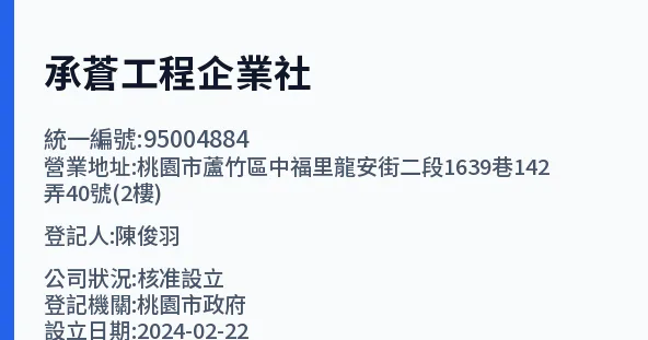 承蒼工程企業社的照片-統編 95004884(桃園市) 公司登記資料與營業項目詳細圖表