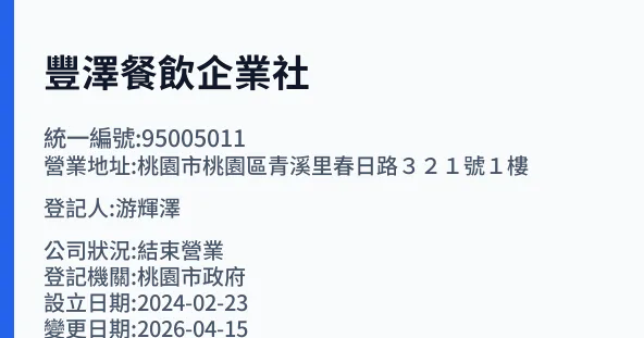 豐澤餐飲企業社的照片-統編 95005011(桃園市) 公司登記資料與營業項目詳細圖表