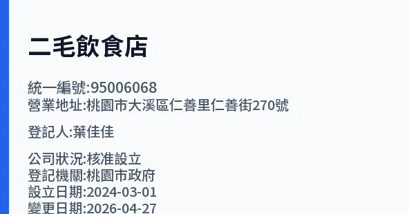 二毛飲食店的照片-統編 95006068(桃園市) 公司登記資料與營業項目詳細圖表