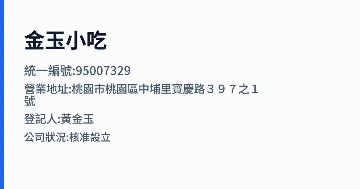 金玉小吃 - 統編 95007329(桃園市) 公司登記資料與營業項目詳細圖表