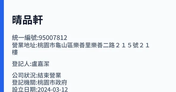 晴品軒的照片-統編 95007812(桃園市) 公司登記資料與營業項目詳細圖表