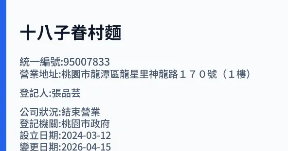 十八子眷村麵的照片-統編 95007833(桃園市) 公司登記資料與營業項目詳細圖表