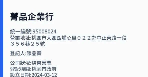 菁品企業行的照片-統編 95008024(桃園市) 公司登記資料與營業項目詳細圖表